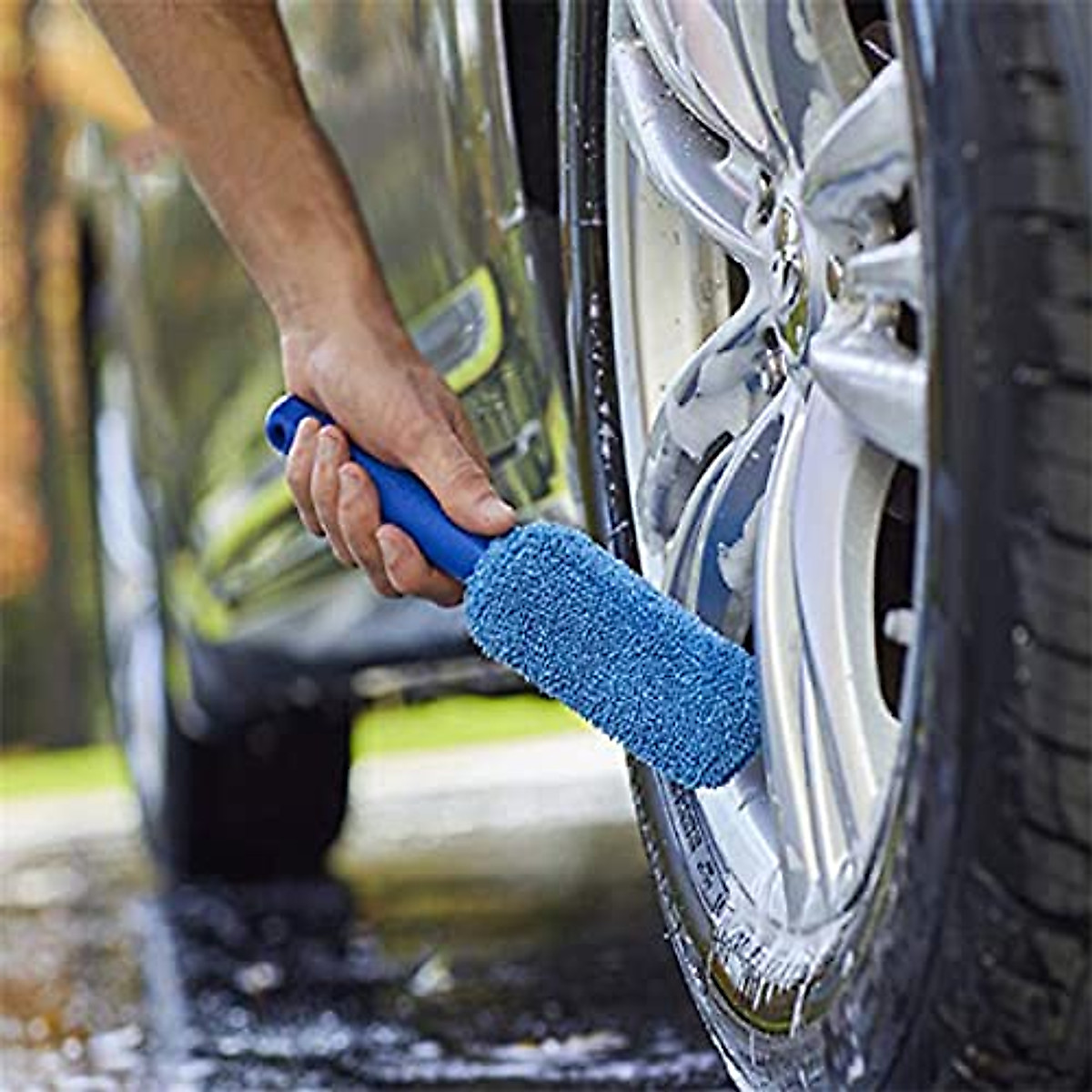 InfantLY Bright Wheel Rim Brush, Microfiber Metal Free & Cleaning Long Easy Reach Detailing Car Wash Cleaner Tool for Wheels Exhaust Tips Motorcycles Bicycles Grills