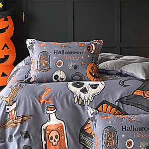 Halloween Duvet Cover Set Twin Size 3 Pieces with 2 Pillow Shams - Gray Halloween Pumpkin Festival Themed Bedding Set with Broom Tombstone Skeleton for Kids Boys Girls Teens Bedroom Decor