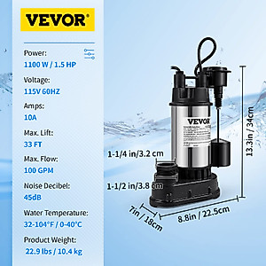 VEVOR 1.5 HP Submersible Cast Iron and Steel Sump Pump, 6000 GPH Submersible Water Pump with Integrated Vertical Float Switch, for Basement Water Basin and Flooding Area