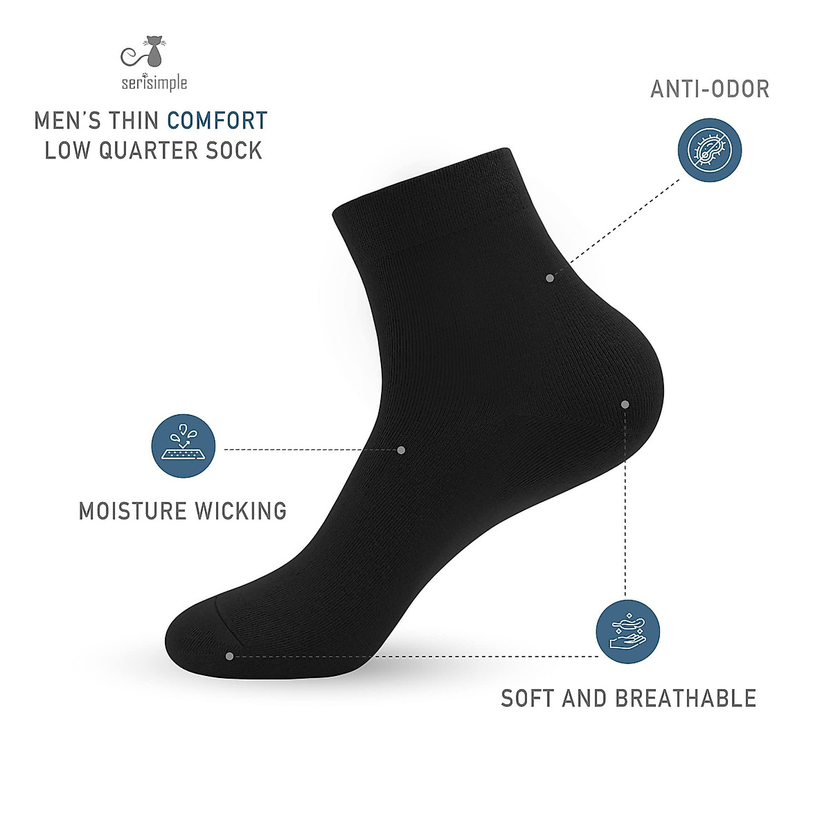 SERISIMPLE Viscose Bamboo Men sock Breathable Sock Quarter Thin Ankle High Sock Comfort Cool soft Sock 5 Pairs (Large, Black)