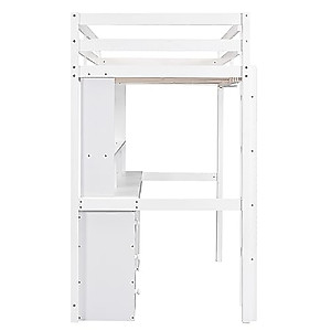Modern Twin Size Loft Bed with Ladder, Solid Wood Loft Bed Frame with Multi-storage Desk and LED light, Versatility Galore Loft Bed with Full-length Security Fence for Kids Teens Adults, No Box Spring