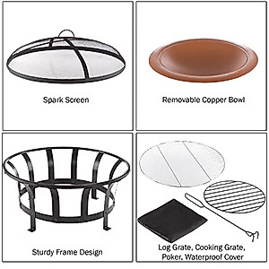 Pure Garden 50-LG1204 30” Outdoor Deep Fire Pit-Round Large Colored Steel Bowl, Mesh Spark Screen, Log Poker & Grilling Grate-Patio Wood Burning, Copper and Black