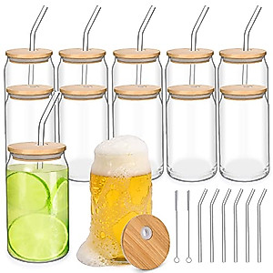 Drinking Glasses with Bamboo Lids and Glass Straw-16oz Can Shaped Glass Cups,Beer Glasses,Iced Coffee Glasses,Ideal for Cocktail,Whiske,Soda,Bubble Tea,Juicing, Smoothies(12pcs Set+2 Cleaning Brushes