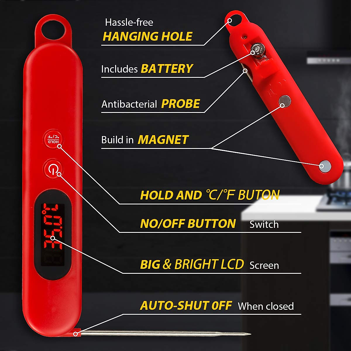 LIANGDU Digital Food Thermometer, Instant Read Meat Thermometer Kitchen Cooking Grilling BBQ Candy with Backlight and Magnet