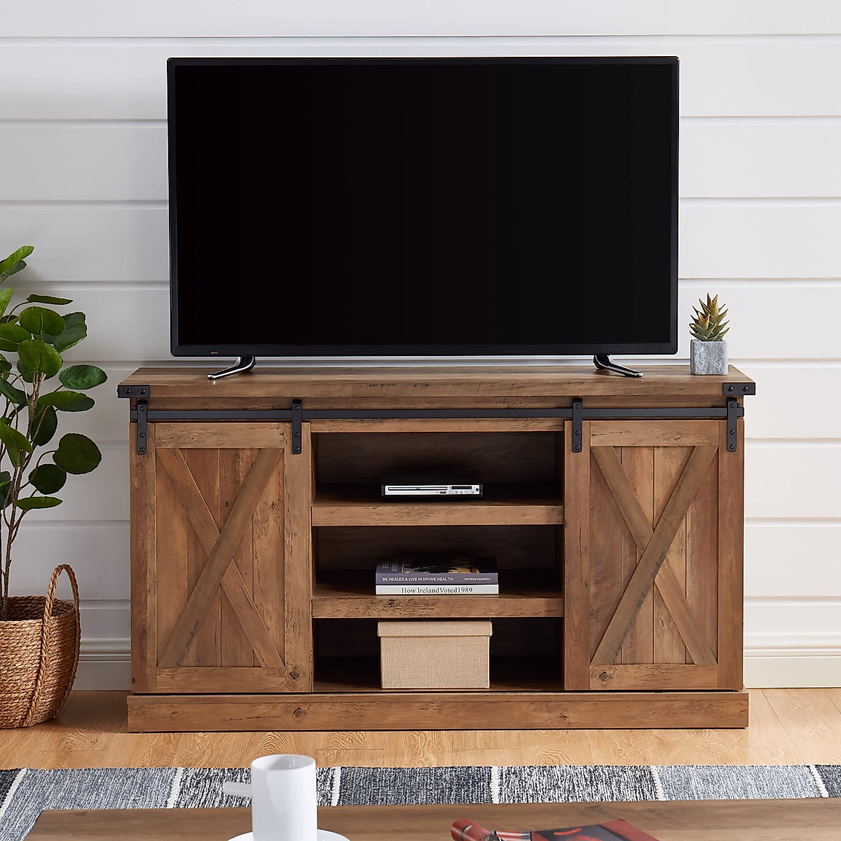 EDYO LIVING Farmhouse TV Stand for 65 Inch TV, Wood TV Stand with Sliding Barn Door, Entertainment Center with Storage Cabinet, Rustic Media Console for Living Room Bedroom, Rustic Oak