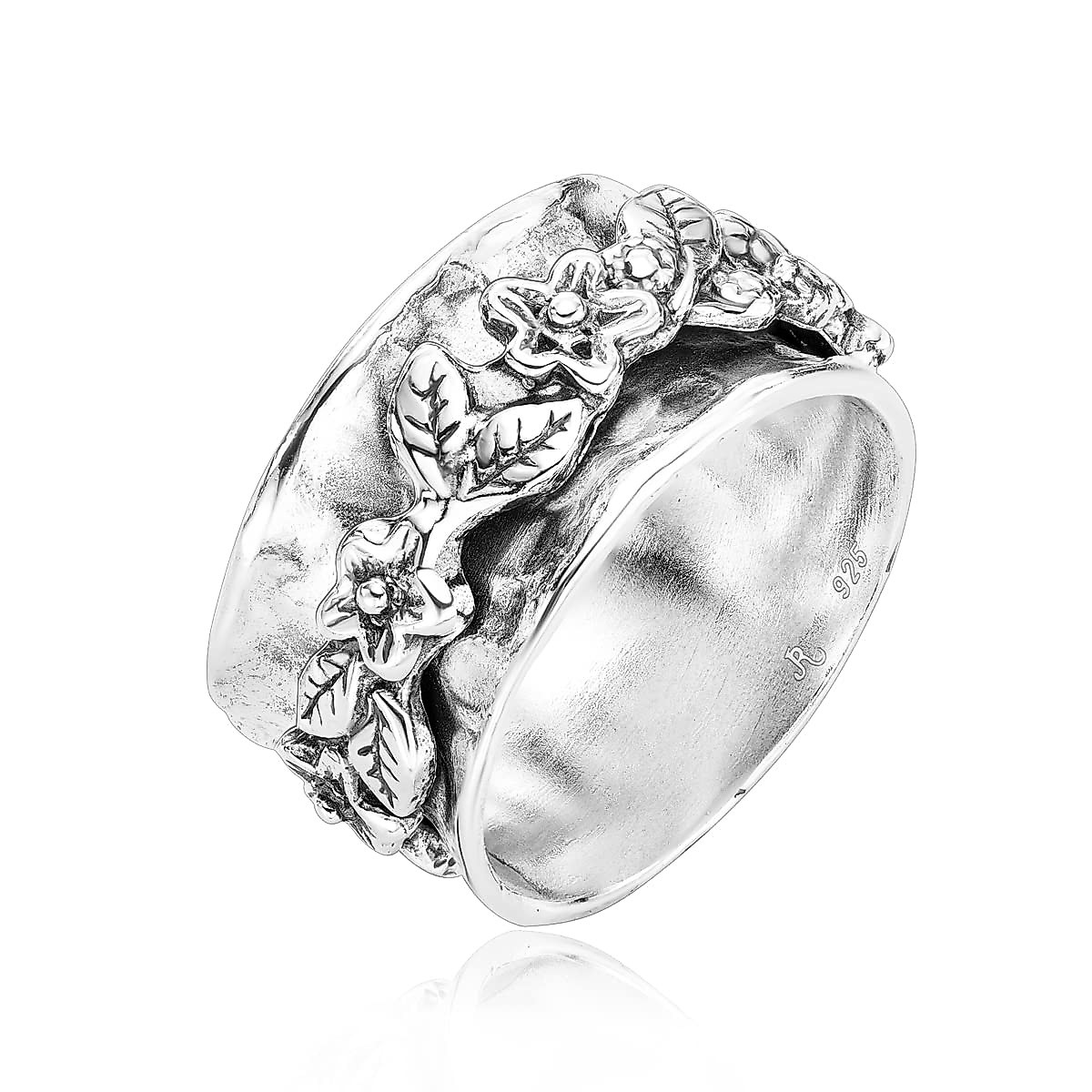 925 Sterling Silver Spinner Ring Unisex Band Bold Leaf and Flower, Oxidized, Vintage Stylish Hypoallergenic, Nickel Lead-free, Artisan Handcrafted Designer Made in Israel (Size 5-11)