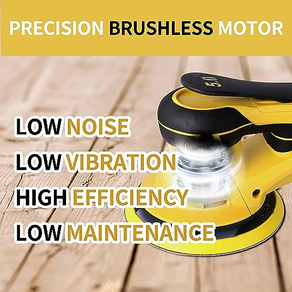 Electric Random Orbital Sander 350W Brushless Motor 3/16 inch Orbit, 110V 6-Inch 10000 RPM Variable Speed Tool for Metal Fabrication, Woodworking Walls and Car Polishing Yellow with Case