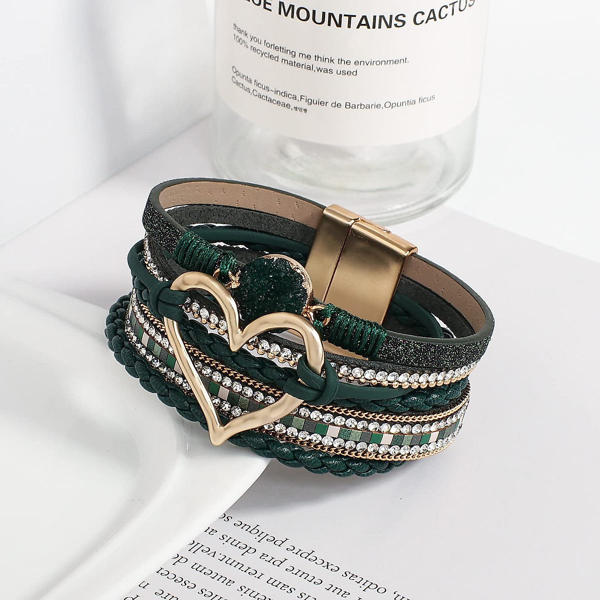 hotoo Leather Wrap Bracelet for Women Green Beaded Cuff Bracelet with Heart-shape Decor Bohemian Crystal Bracelet Jewelry with Clasp Bangle Bracelet for Women Birthday Holiday Gift