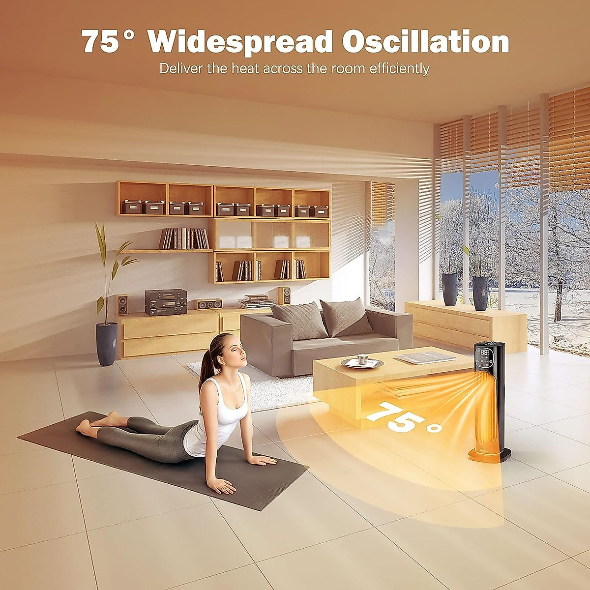 Grelife Space Heater, Quiet Electric Heater with Night Light, Remote, 75° Oscillation, Safety Protection, ECO Mode, 12H Timer, Thermostat, 1500W Portable Heater for Indoor Use, Office, Home, 24Inch