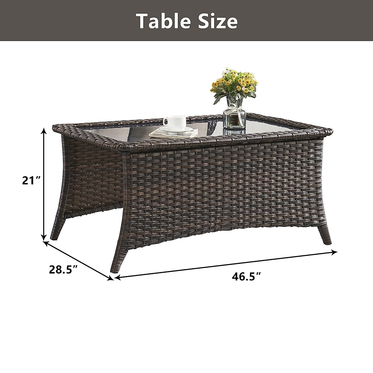 Belord Outdoor Coffee Table with Tempered Glass Top, Patio Rectangular Brown Wicker Table, Handwoven Rattan Coffee Table Compatible with Patio Furniture Sets for Porch Deck Backyard