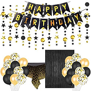 Black and Gold Birthday Party Decoration for Men Women- Happy Birthday Banner, Glitter Circle Dot Garland Streamer, Fringe Curtain, Foil Tablecloth and Balloons Party for Women Men Black Gold Birthday Party
