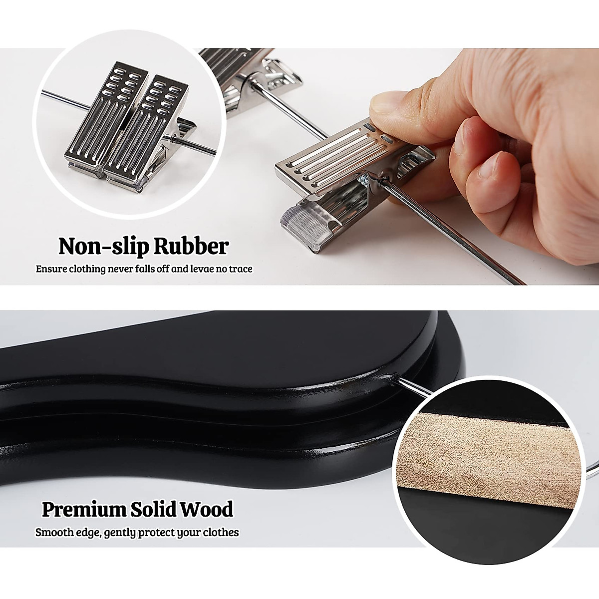 HOUÍSM Wooden Suit Hangers Skirt Hangers with Clips, 16Pack Solid Wood Pants Hangers with Heavy-Duty Clips, Premium Smooth Finish Black Wooden Hangers for Clothes Coat, Jeans, Blouse