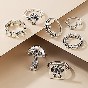 CSIYANJRY99 Vintage Silver Punk Rings Set Retro Mushroom Heart Moon Flower Heart Signet Knuckle Finger Statement Rings for Women Jewelry (I)