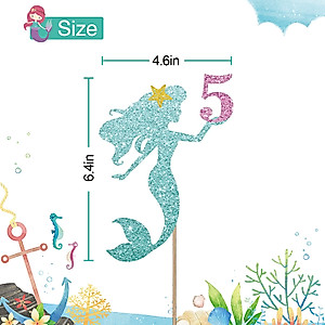 Mermaid 5 Cake Topper, Happy 5th Birthday Cake Decor for Baby Girl, Little Mermaid Birthday Party Decoration, Under the Sea Themed Party Supplies - Blue Glitter