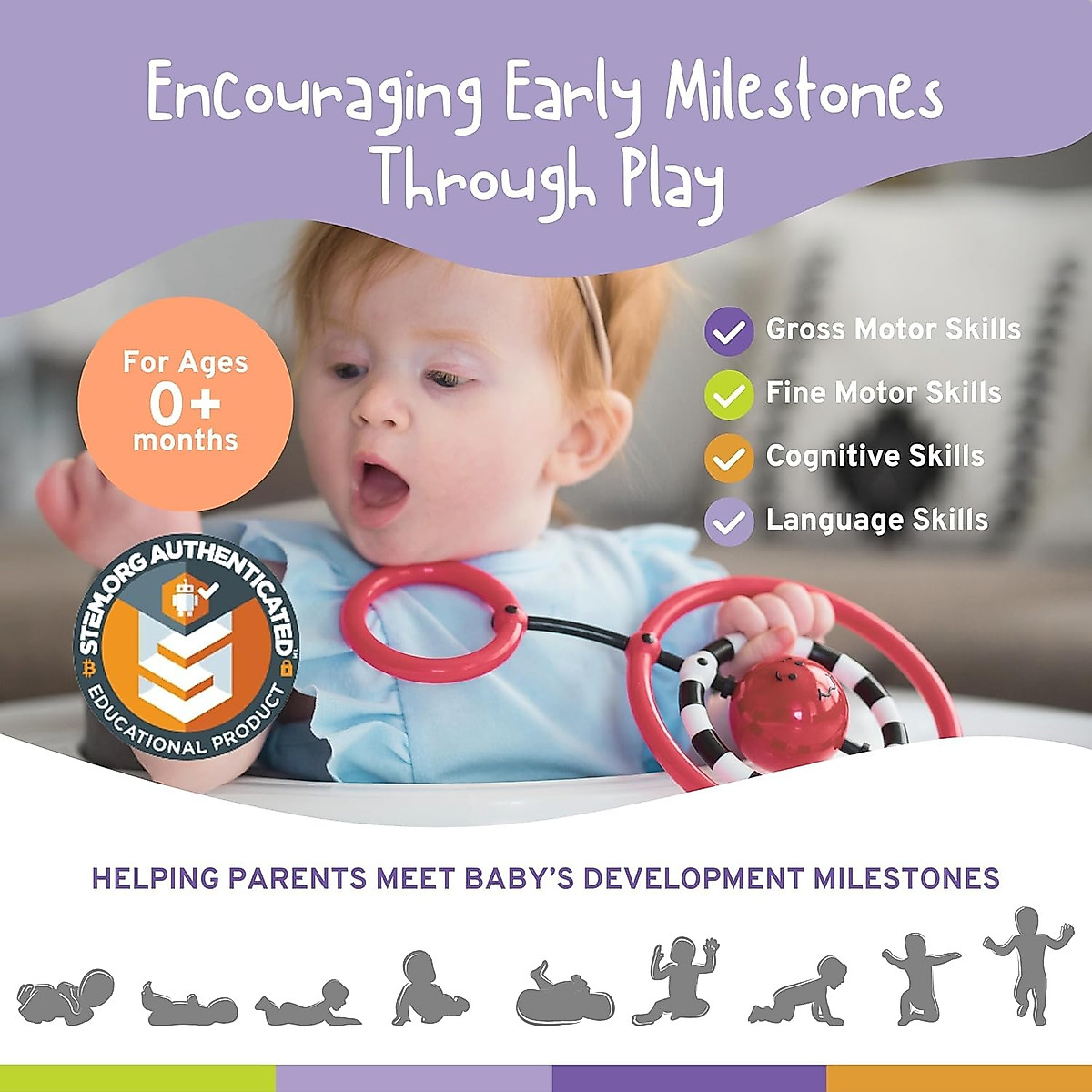 SmartNoggin NogginRings Reaching & Grasping Play Toy - Encourages Baby’s Developmental Milestones Through Play - Sensory Toy for Babies, Ages 0-12 Months