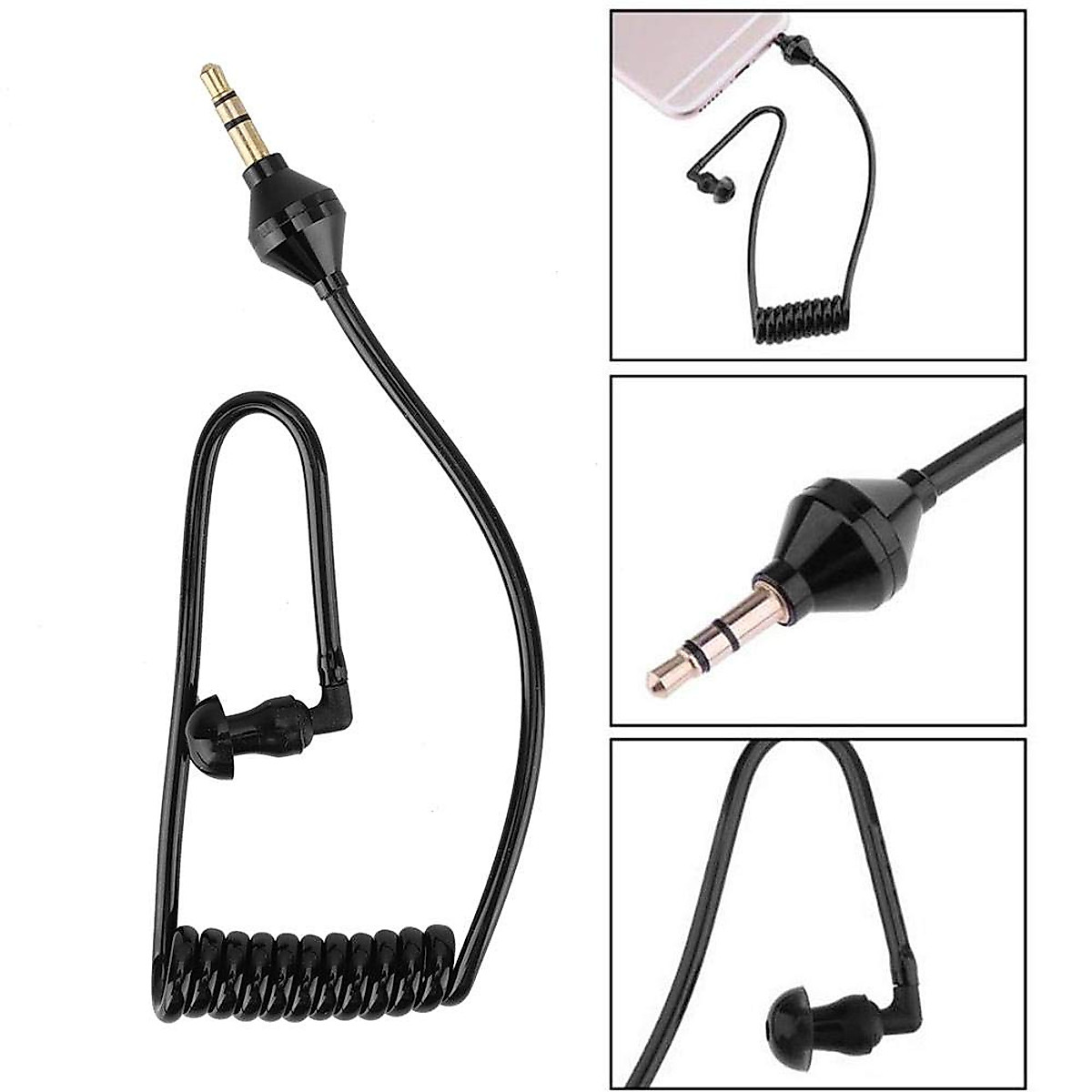 Hakeeta Single Earbud, Ear-Hook Earphone, Wired Earpiece, Spiral air Tube, in Ear, Lightweight, Monaural, Comfortable, Without Microphone, 3.5mm, for MP3 Phone Bluetooth, Black