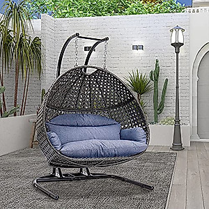 Double Egg Chair with Stand, 2 Person Heavy Duty Hanging Wicker Rattan Swinging Chair Hammock Nest Chair for Indoor Outdoor Patio Lounger Swinging Loveseat Perfect for Balcony Garden - Dust Blue