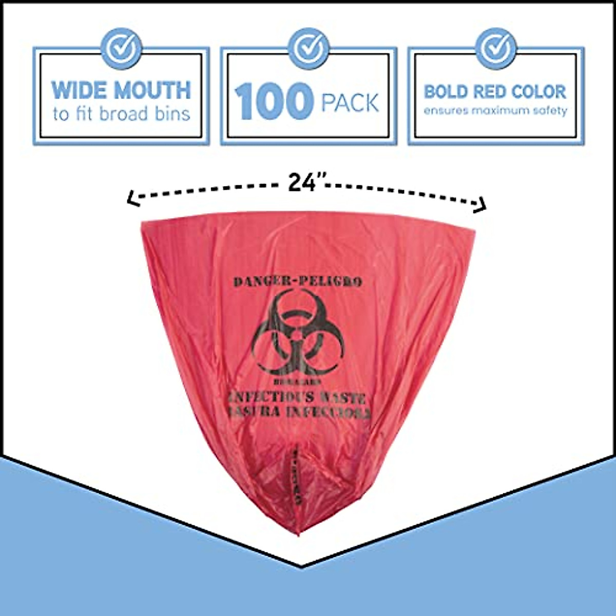 Biohazard Waste Bags 10-Gallon 24x24 Red Hazardous Trash Can Liners – Medical Grade No Leak Bags - Biohazard Symbol for Safe Infectious Waste Disposal. Great for Lab Containers, Swabs, Pads, Gloves (100 pack)