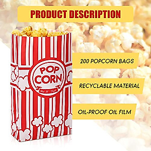 Movie Night Paper Popcorn Bags 2 oz Flat Bottom Popcorn Boxes Red and White Popcorn Container Disposable Popcorn Sleeve Large Popcorn Bucket for Retro Movie Themed Party Carnival Supplies(200 Pieces)