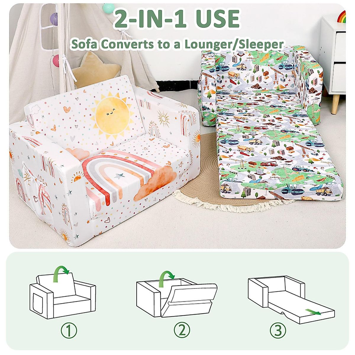 CARUILI Toddler Couch Chair, 2-in-1 Soft Kids Couch Bed Fold Out with Pillow, Convertible Kids Sofa to Lounger for Girls and Boys 1-3 Years, Assembling Toddler Chairs Comfy, Green