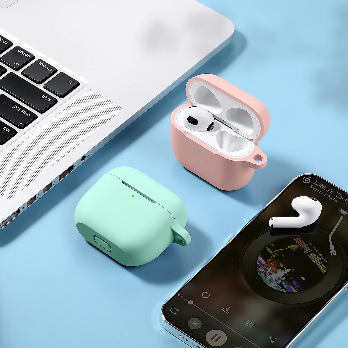 Adorve AirPods 3rd Generation Case Cover, Silicone Protective Accessories Case Skin with Keychain Compatible with Apple AirPod 3 Gen 2021 New for Women Men, 2 Pack, Mint Green, Sand Pink