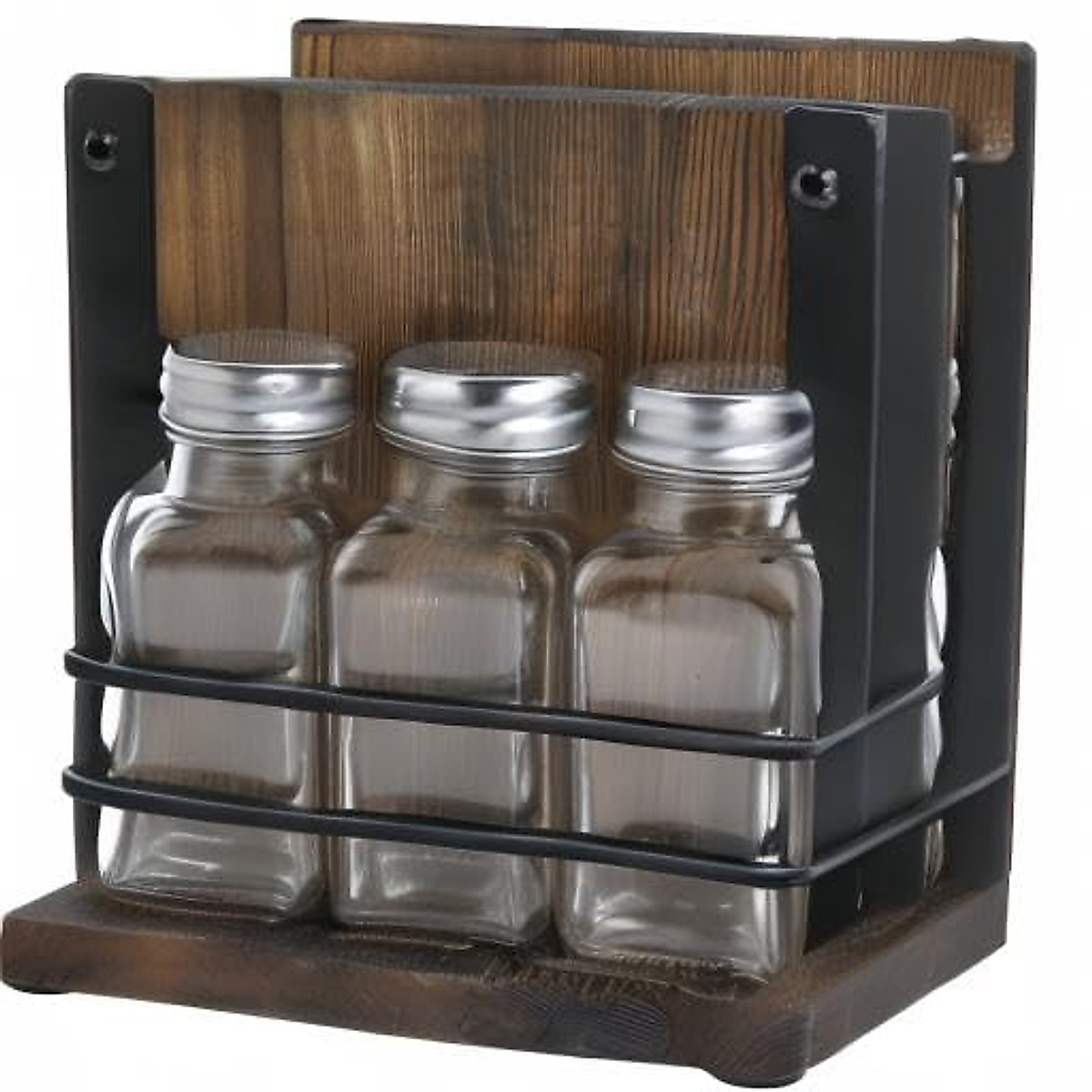 MyGift Rustic Burnt Solid Wood Napkin Holder and Salt & Pepper Caddy, 4 Piece Set Dining Tabletop Napkin Dispenser with Condiment Caddy and 3 Glass Bottle Shakers