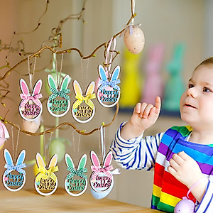 16 Pieces Easter Rabbit Tree Ornament Wooden Hanging Bunny Ornaments with Plaid Bow and Rope Wood Hollowed Out Easter Ornaments Cute Spring Hanging Decorative for Home Garden Decor (Bunny Ears Style)