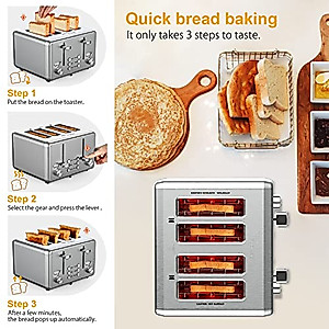 4 Slice Toaster,whall Stainless Steel,Toaster-6 Bread Shade Settings,Bagel/Defrost/Cancel Function with Dual Control Panels,Extra Wide Slots,Removable Crumb Tray,for Various Bread Types 1500W