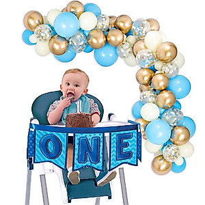 Blue Gold Balloon Garland Kit, Including Chrome Gold, Ivory, Light Blue & White Gold Light Blue Confetti Balloons Decorations Backdrop Ideal for Boys Birthday Baby Bridal Shower Party Decorations