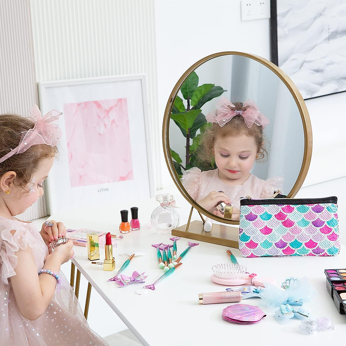 Mermaid Makeup Brush Sets with Cosmtic Bag - 13 PCS Beauty Makeup Tools Eye Shadow Eyeliner Concealer Foundation Blending Blush Brushes Compact Pocket Mirror Sequins Cosmetic Case Bag