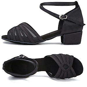 LuiXiu Ballroom Latin Salsa Dance Shoes Women Low Heel Practice Dancing Sandals for Social Beginner LX01(8.5,Black-1.5 Inch Heel)