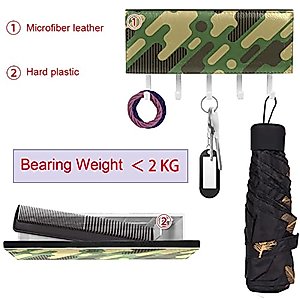 Camouflage Mail Holder Organizer and Key Hooks PU Front, Self Adhesive Key Rack with 5 Hooks Perfect for Entryway, Hallway，Bathroom ，Kitchen