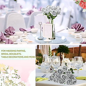 50 Pcs Artificial Rose Flower Realistic Silk Roses with Stem Bouquet of Flowers Plastic Flowers Real Looking Fake Roses for Home Wedding Centerpieces Party Decorations (Silver)