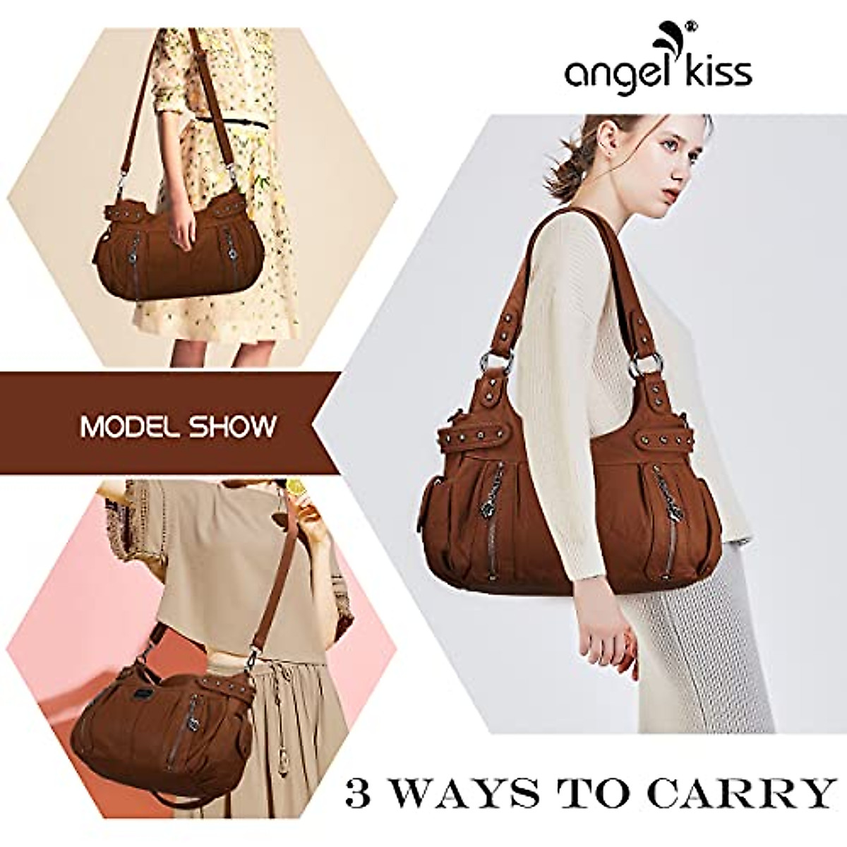 Women Handbags Shoulder Bags Washed Leather Satchel Tote Bag Mutipocket Purse (AK19244-3#8521#194L.BROWN1)