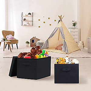 Consmos Large Foldable Fabric Storage Bin with Lids& Dual Handles, Sturdy Cubby Storage Basket for Clothes& Toys, Cube Storage Organizer Bins for Shelves, Closet, Bedroom, Home& Office, Black 3-Pack