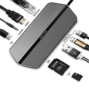 ZPLJ High-Speed 9 in 1 USB 3.0 Hub with Ethernet Port 4K HDMI 3 USB 3.0 and PD Charging 3.5mm Audio Support SD TF Card Reader Compatible for Flash Drive Laptops USB Hub Adapter Portable