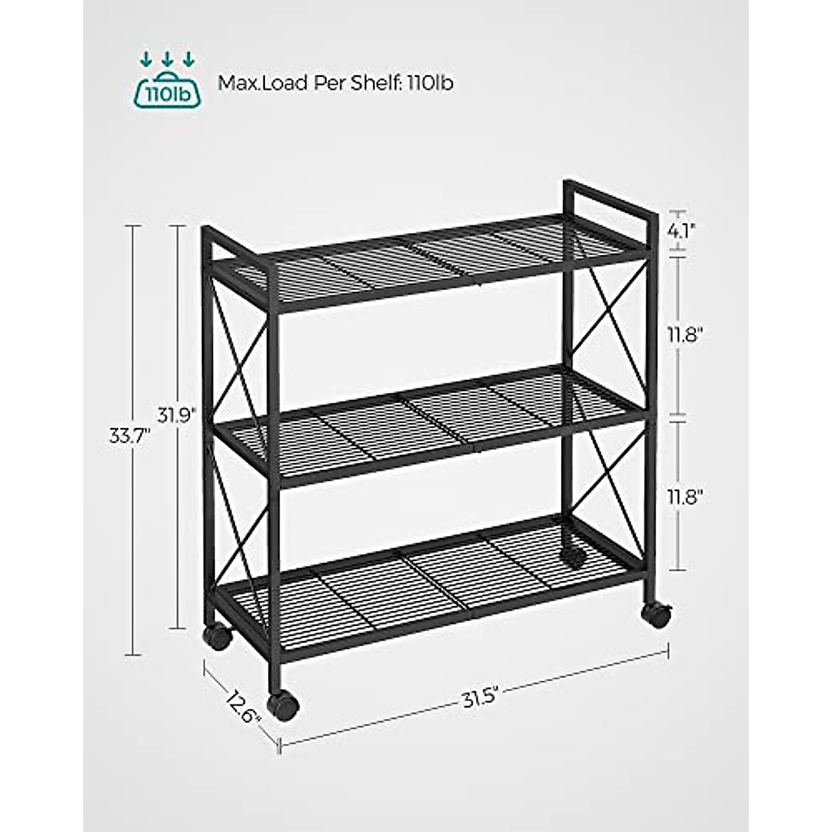 SONGMICS 3-Tier Metal Storage Rack with Wheels, Mesh Shelving Unit with X Side Frames, 31.5-Inch Width, for Entryway, Kitchen, Living Room, Bathroom, Industrial Style, Black UBSC183B01