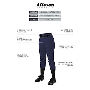 Alleson ATHLETIC Girls' Large (26-28" W) Athletic Fast Pitch Softball Belt Loop Pants, Navy