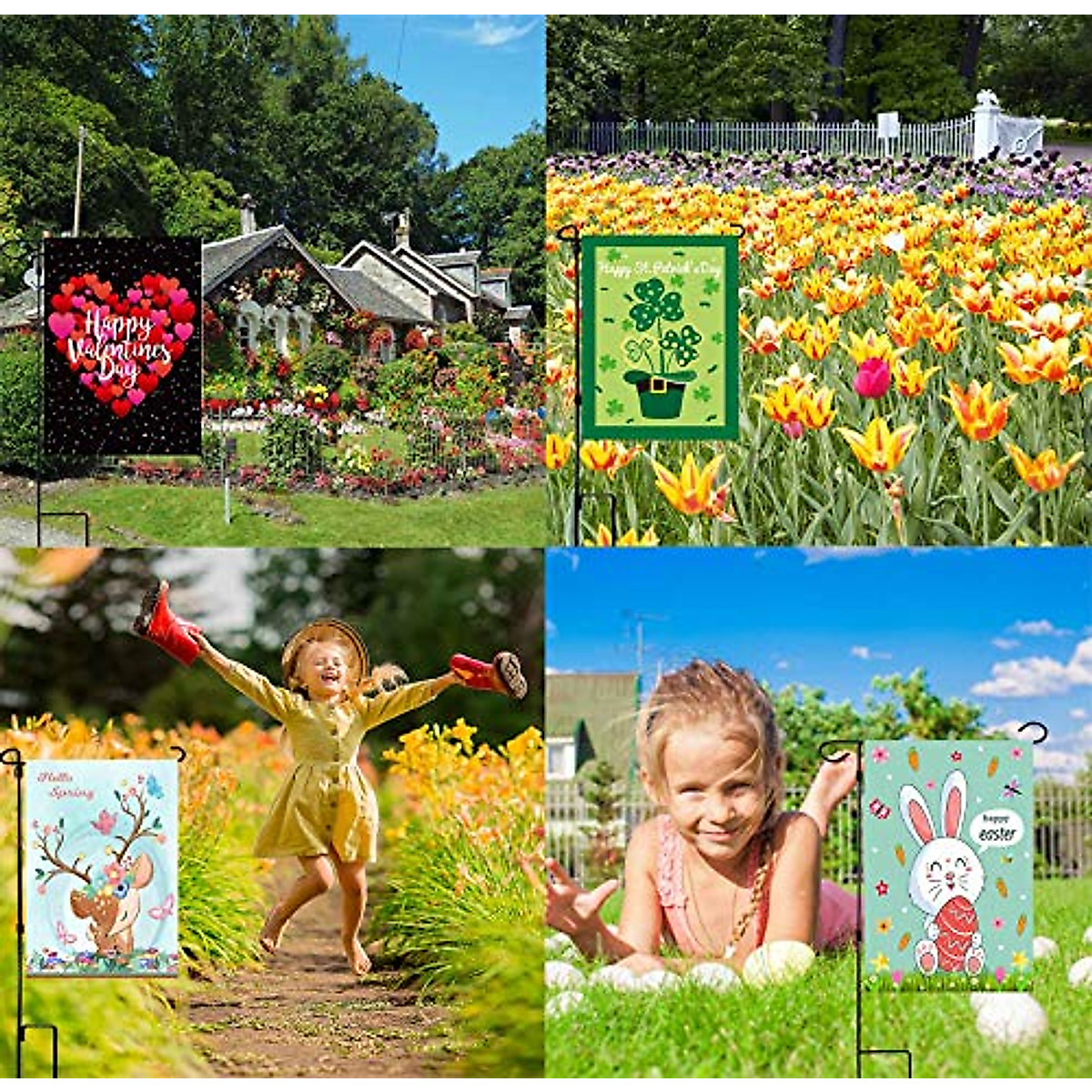 Seasonal Garden Flags Set of 12 and Garden Flag Stand-Holder-Pole Double Sided Burlap 12.5 x 18 Inch House Flags ,Small Garden Flags for Outside,Easter Spring Summer Garden Flags,Seasonal Flags for Outdoor Decorations Flags