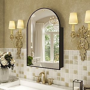 FKWin Arched Medicine Cabinets with Mirror, Bathroom Mirror with Storage, Aluminum Alloy Bathroom Cabinet, 3 Adjustable Shelves Vanity Mirror, Medicine Cabinet Mirror, Not Recessed, 24x36 inch, Black