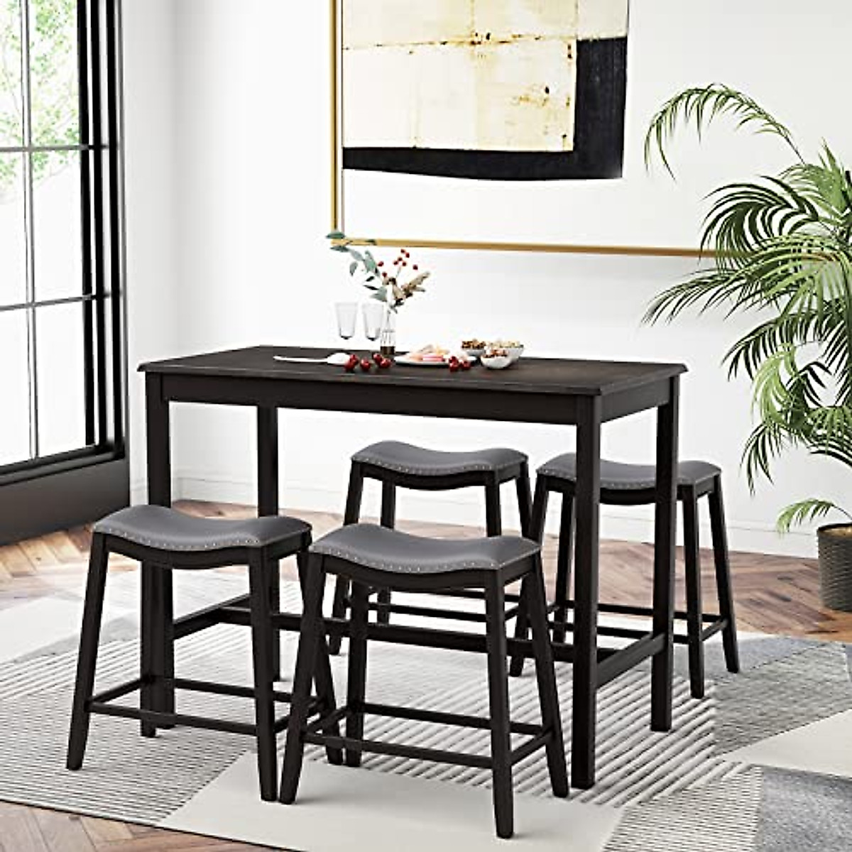 GOFLAME 5 Pieces Bar Table Set, Bistro Table Set for 4, Counter Height Pub Table with 4 Upholstered Stools, Modern Kitchen & Dining Room Table Set, Breakfast Table Set for Home, Restaurant, Pub