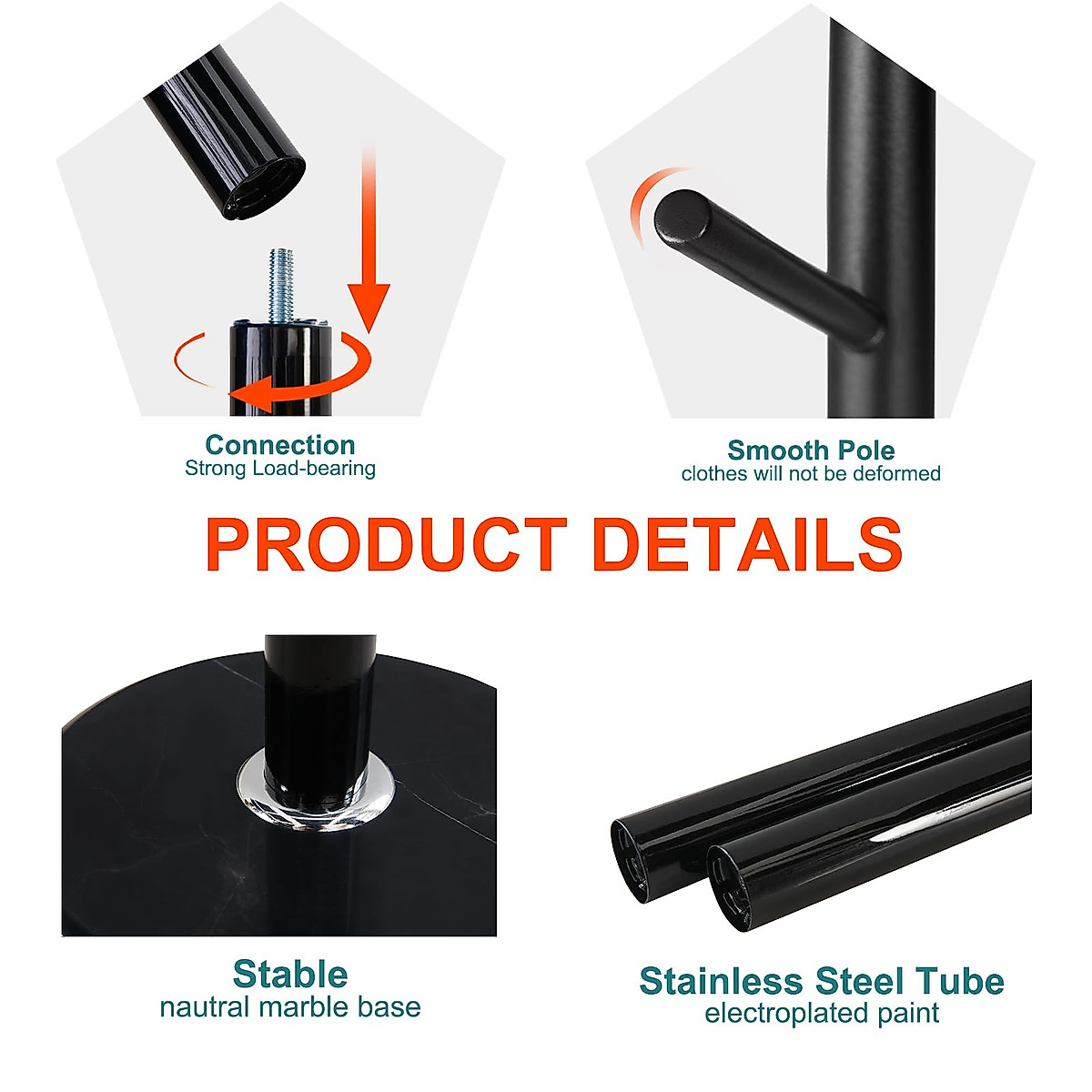 OIRUMIE Coat Rack with Natural Marble Base, Metal Freestanding Coat Rack, Stainless Steel Coat Rack Stand with 8 Hooks for Hanging Scarf, Bag, Jacket, Black Coat Hall Tree Hanger Holder Stand