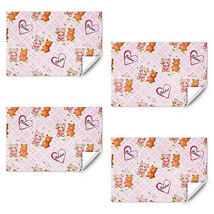 Bear Love Heart Celebrations Birthday Wrapping Paper for Baby Girls, 20 x 29 inch Per Sheet Folded Flat with 1 Roll Pink Ribbon for Infant Kids Baby Shower Wedding Holiday Party Girls Gift Wrap