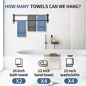 KAHCNVN Black Towel Rack, 24inches Adjustable Towel Racks for Bathroom, Screw Mounting Black Hand Towel Holder, Tape Hook Black Bathroom Towel Holder, Black Hand Towel Holder for Bathroom