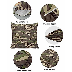 HELLOWINK Decorative Throw Pillow Covers 18x18 Set of 2 Camo Green Linen Indoor Outdoor Pillow Covers for Couch Sofa Camouflage Soft Double-Sided Cushion Covers Cases for Home Decor