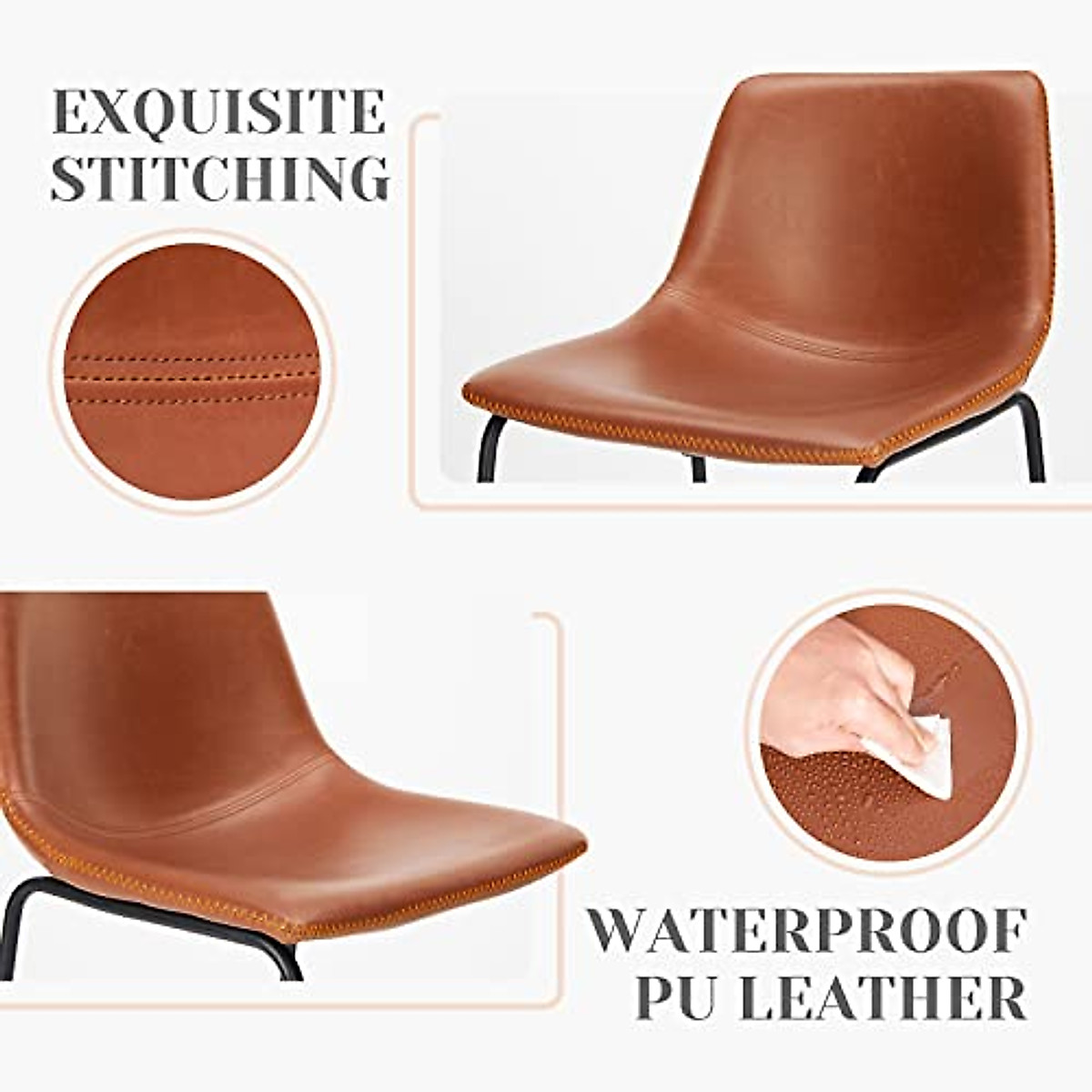 Bar Stools Set of 2, Counter Height Bar Stools with Back, 26 inch Armless Industrial Faux Leather Barstools with Metal Legs and Footrest, Dining Chairs for Home Office Kitchen Island, Whiskey Brown