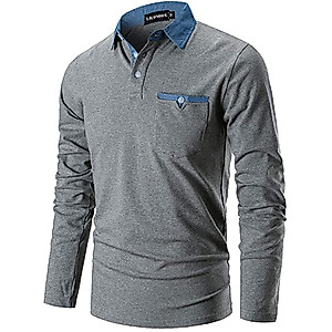 LIUPMWE Long Sleeve Polo Shirts for Men with Pocket Denim Collar Soft Cotton Shirts Golf T-Shirt