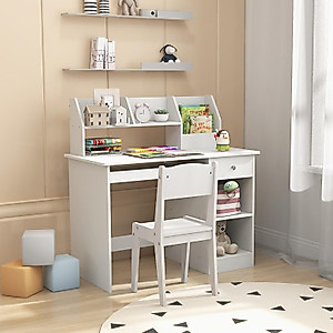 Giantex Kids Study Desk, Children Wooden Computer Desk with Hutch, Bookshelf, Keyboard Tray, Drawer, Storage Shelves, Student Writing Table Computer Workstation for Home School Use, White