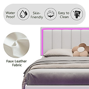 IMMERSTABLE Floating Bed Frame Queen with RGB LED Lights, Upholstered Bed Frame Queen with Headboard, Solid Wood Slats Support, Queen Bed Frame No Box Spring Needed, Noise-Free, Easy Assembly, White