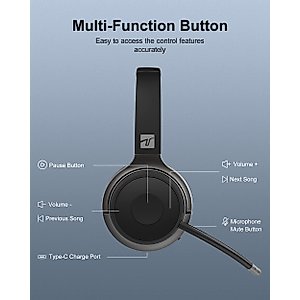 TZS Trucker Bluetooth Headset, Wireless Headset with ENC Noise Cancelling & Mute Button Microphone, V5.0 Handfree Bluetooth Headphone for Driving/Business/Office Compatible with iPhone and Android